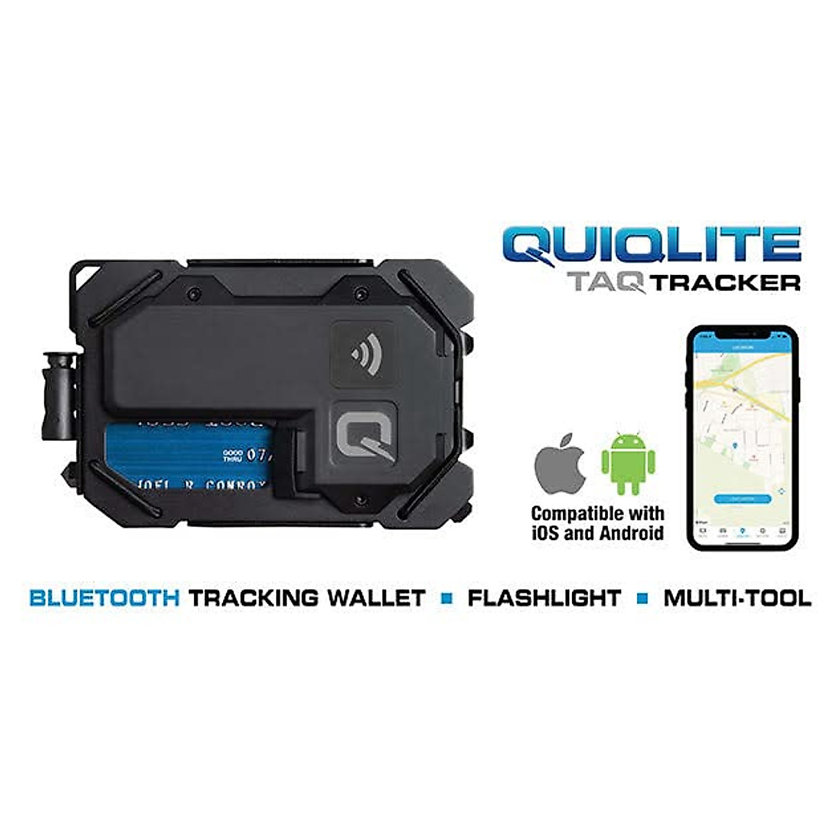 QUIQLITE TAQTracker, Slim Bluetooth Tracking Locator Wallet with Rechargeable LED Flashlight, Safety Strobe and Multi-Tool- Blue/Black