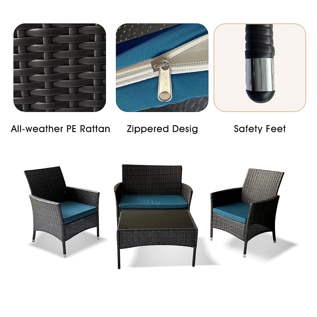 Ophelian 4 Piece Wicker Patio Furniture Set, Patio Set with Comfortable Cushion,Garden Pool Backyard Patio, Coffee/Peacock Blue