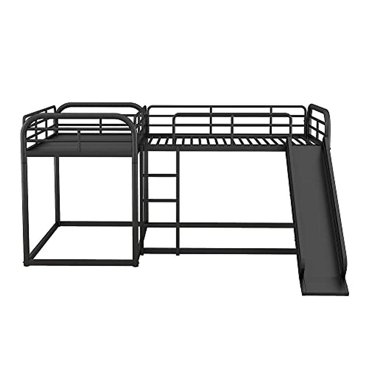 YUNLife&Home L-Shaped Quad Bunk Beds for 4, Full and Twin Size Heavy-Duty Metal Floor Bunk Bed Frame with Slide and Short Ladder for Kids Teens Girls Boys Bedroom Furniture,No Box Spring Needed