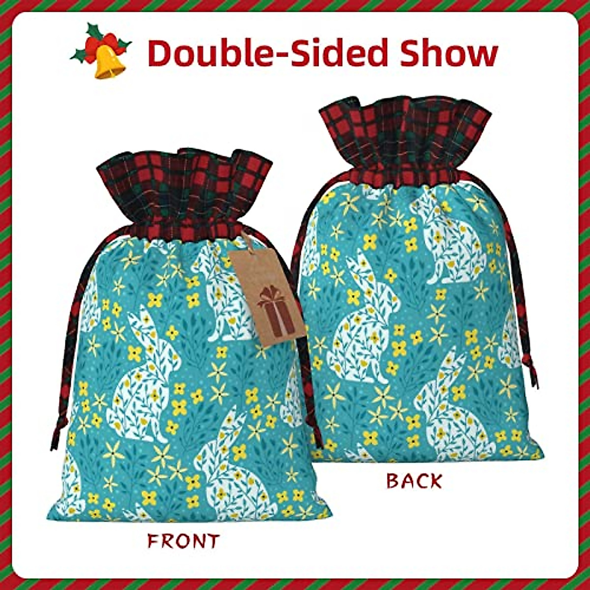 Allgobee Christmas Drawstring Gift Bags Rabbit-Flowers-Spring Buffalo Plaid Drawstring Bag Party Favors Bags