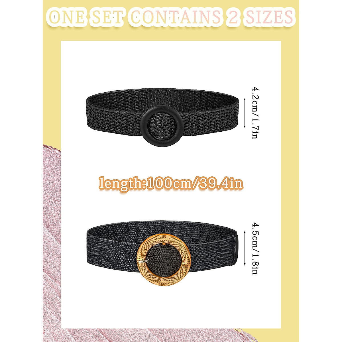 Geyoga 6 Pack Women Straw Belt Woven Elastic Stretch Waist Belt Skinny Braided Waist Belt Boho Rattan Belts with Wood Buckle Belts for Women Dress Belt, 2 Sizes