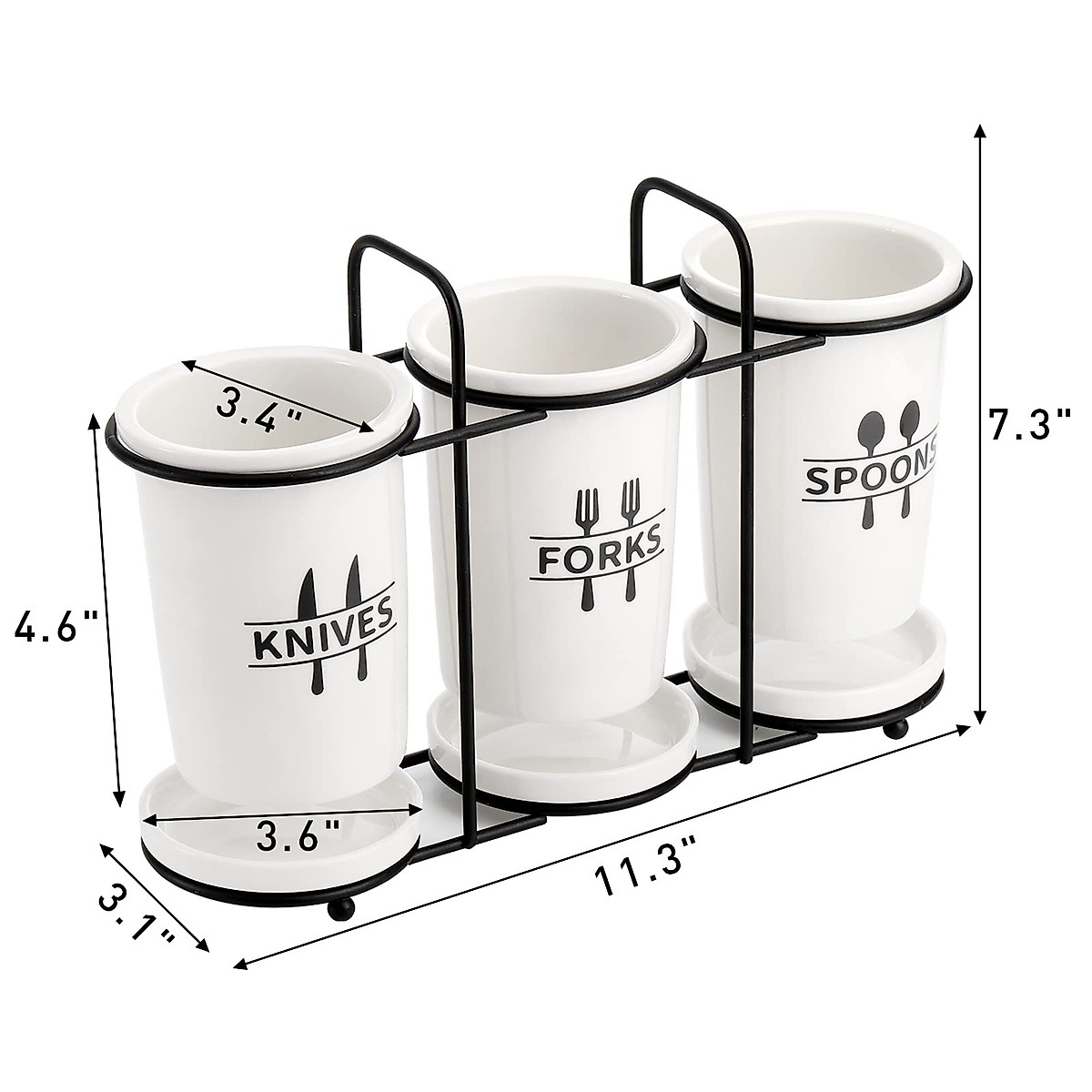 Fasmov Flatware Holder, 3 Pack Utensil Holder Ceramic Flatware Caddy with Metal Rack, Flatware Caddy White Ceramic Cutlery Organizer for Forks, Spoons, Knives(Random Knife Fork Spoon Pattern)