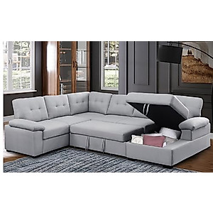 Sleeper Sofa Pull Out Couch with Storage, Modular Sectional Sofa Bed with Chaise Lounge, Modern Comfy 6 Seater U Shape Couch Bed for Living Room, Apartment, Home Office(Grey)