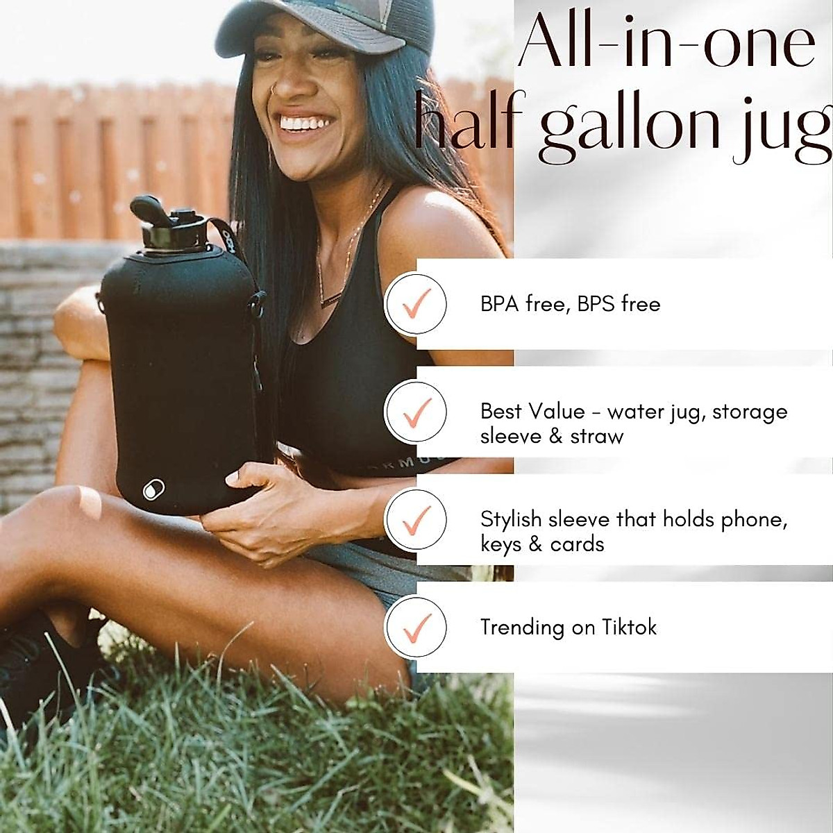 H2O Capsule 2.2L Half Gallon Water Bottle with Storage Sleeve and Covered Straw Lid – BPA Free Large Reusable Drink Container with Handle - Big Sports Jug, 2.2 Liter (74 Ounce) Jet Black