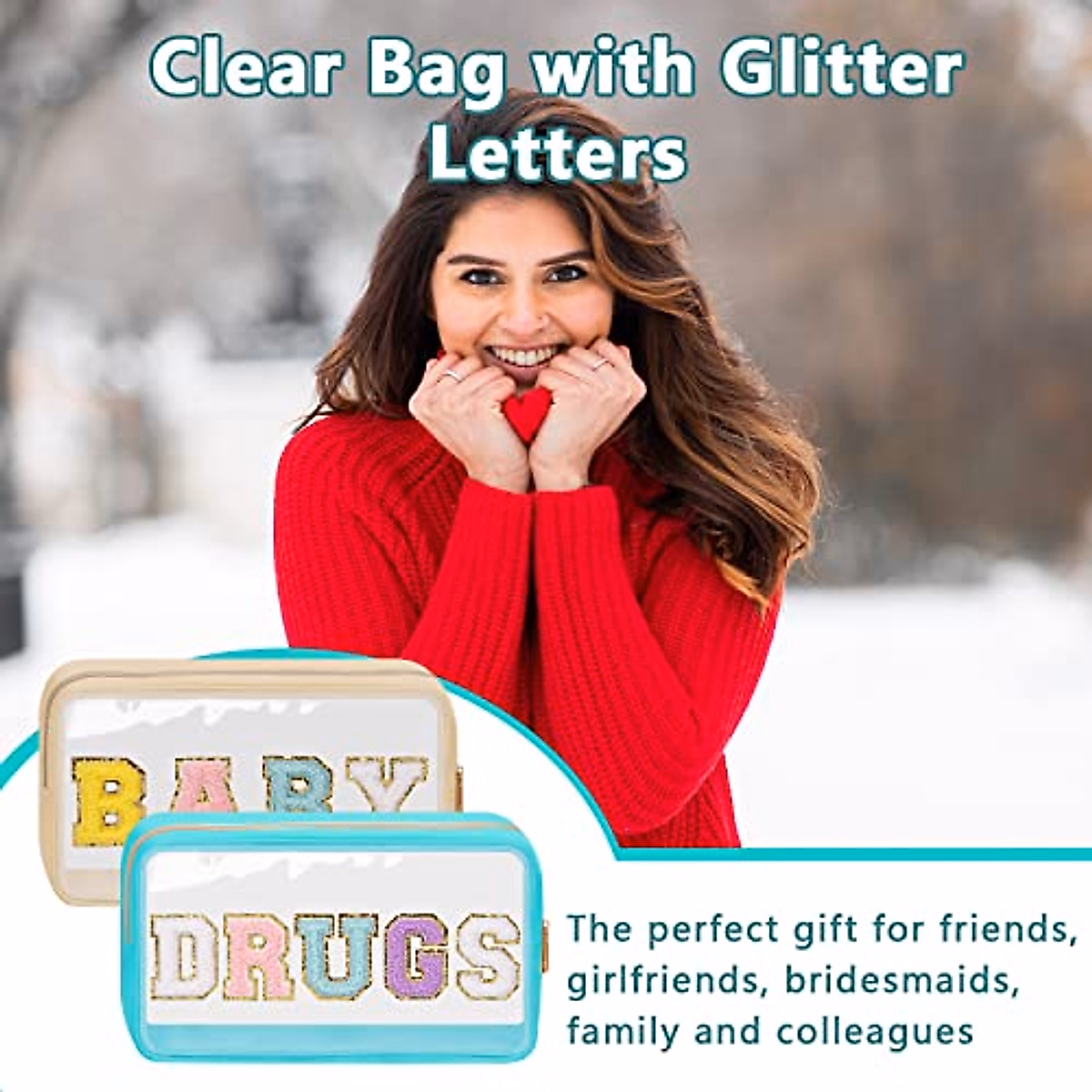 Iqimott Preppy Patch Clear Makeup Bag, Women Chenille Letter Cosmetic Bag for Travel, Nylon Waterproof Organization Outdoor Zipper Pouch Toiletry Bag for Women Girls(Green)