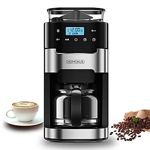 HOMOKUS 10-Cup Coffee Maker with Grinder, Touch Screen, Automatic Brew, Warming Plate, 1.5L Water Tank, Removable Filter - For Home and Office