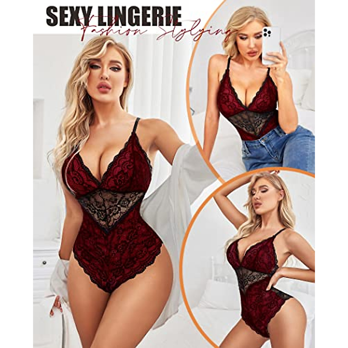 Avidlove Lingerie Bodysuit for Women Floral Lace Teddy One Piece Babydoll Mini Babydoll (Red,L)