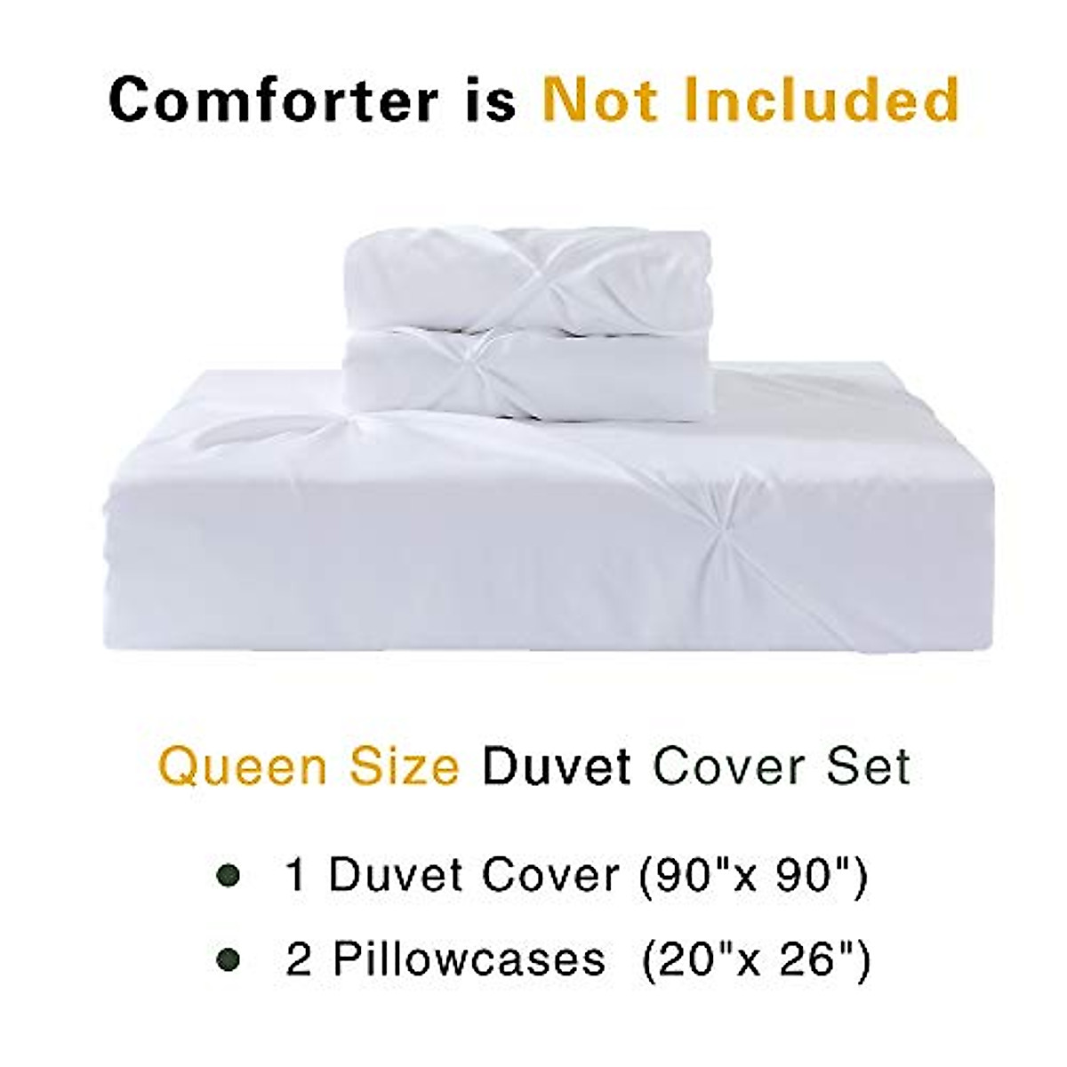Litanika White Queen Pinch Pleat Duvet Cover, 3 Pieces Pintuck Cover Soft Microfiber Bedding Set with Zipper Closure & Corner Ties(90x90Inch-1 Duvet Cover, 2 Pillowcases)