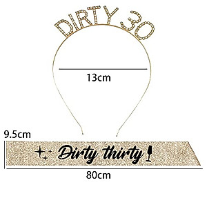 "Dirty Thirty" Sash & Rhinestone Headband Set - Thirty Birthday Sash - 30th Birthday Gifts Birthday Sash for Women Birthday Party Supplies (Gold Glitter/Black) - Sash for Birthday Parties