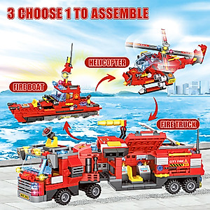 1432 Pieces City Fire Truck , Fire Rescue Helicopter , Fire Rescue Boat Building Blocks Set , 8+1 City Fire Mobile Command Center Truck , Fire Engine Gifts for Kids, Boys and Girls Ages 6-12