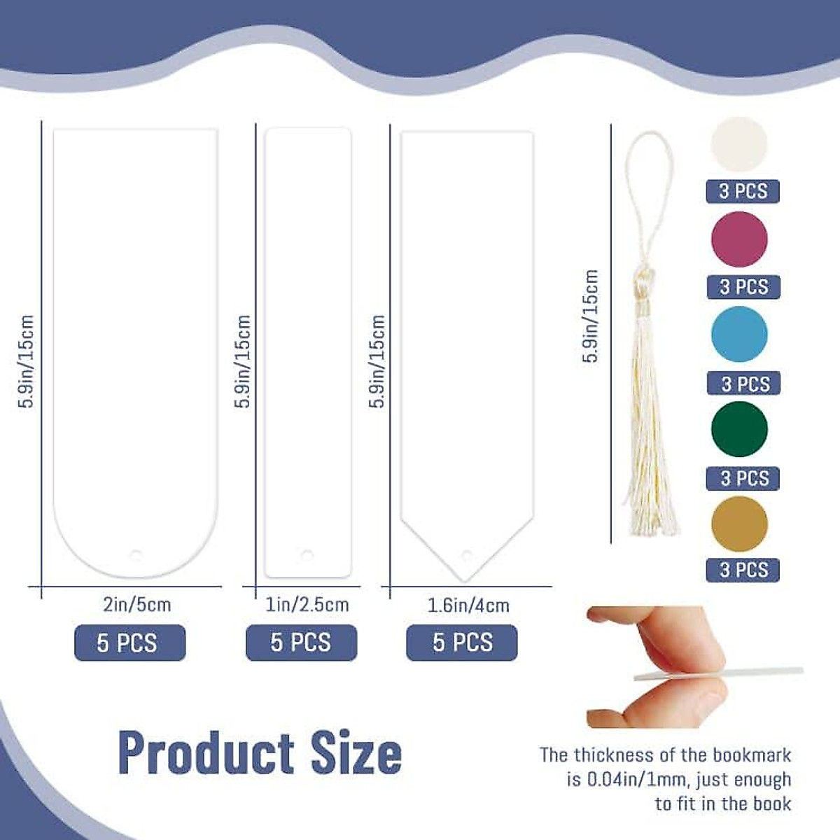 15Pcs Acrylic Bookmark Blanks with Colorful Tassels and 5m Jute Twine, 3 Shapes Clear Acrylic Bookmarks Set, DIY Rectangle Book Markers for Book Lovers Women Men (5 Colors)