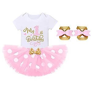 IBTOM CASTLE Baby Girls Cake Smash 1st Birthday Outfit Set Romper Bodysuit Dress+Polka Dots Tutu Skirt+ Ears Headband+Barefoot Sandals Foot Bands for Newborns Infants Photograph Pink-1st 1T