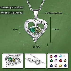 Zomodia Sterling Silver Personalized 2 Names Necklace with 2 Heart Simulated Birthstone Couple Pendant Necklace for Women (Silver)