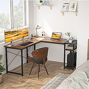 Ecoprsio L-Shaped Desk with Power Station and USB, Large L Shaped Gaming Desk with Storage Shelves Industrial Corner Desk Writing Study Table for Home Office Gaming Workstation, Rustic Brown and Black