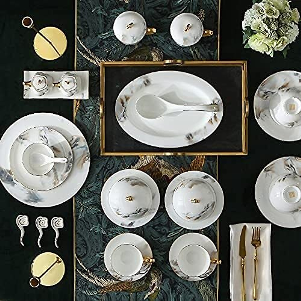 GagalU Dinner SetsDinnerware Set for Home or Special Restaurant, 99PCS Chinese Style Bone China Dinnerware Set Household Phnom Penh Ceramic Bowl Dishes Plate Service for 12