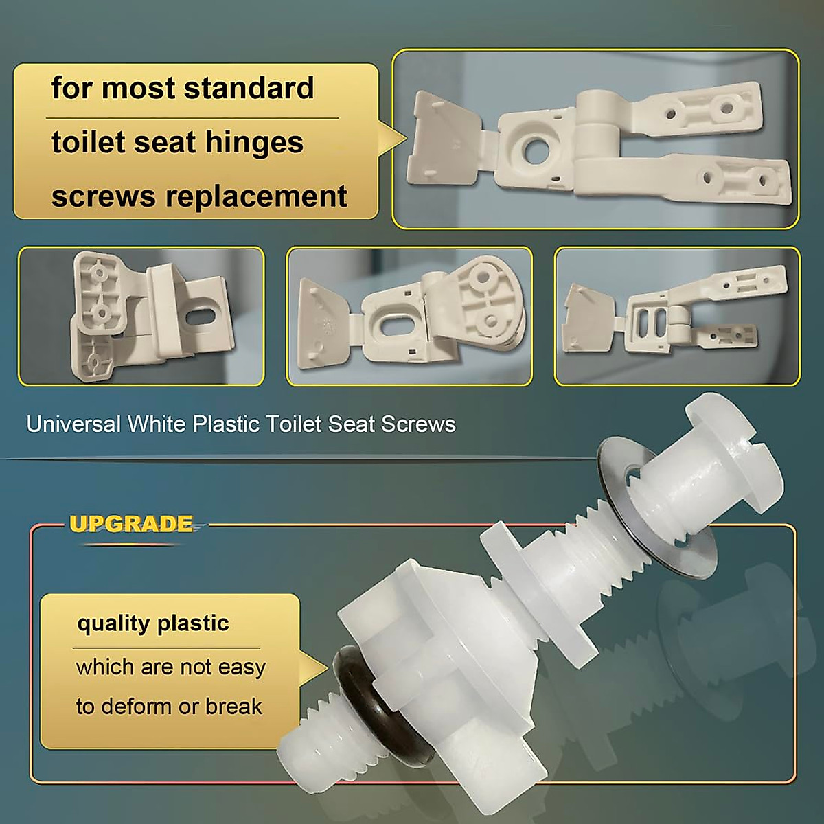 2 Pack Universal White Plastic Toilet Seat Screws Replacement, Toilet Seat Hinges Bolts and Nuts For Top Mount Toilet lid Fastener Parts Kit