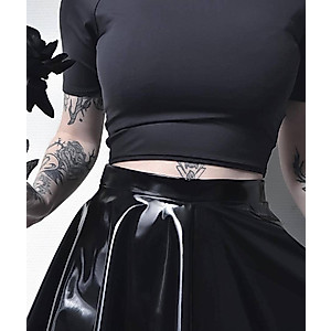 SEMATOMALA Women&#039;s PVC PU Leather Short Skater Skirt Black Latex Wet Look Shiny Pleated Flared A Line Mini Skirt Clubwear(BL,XL)