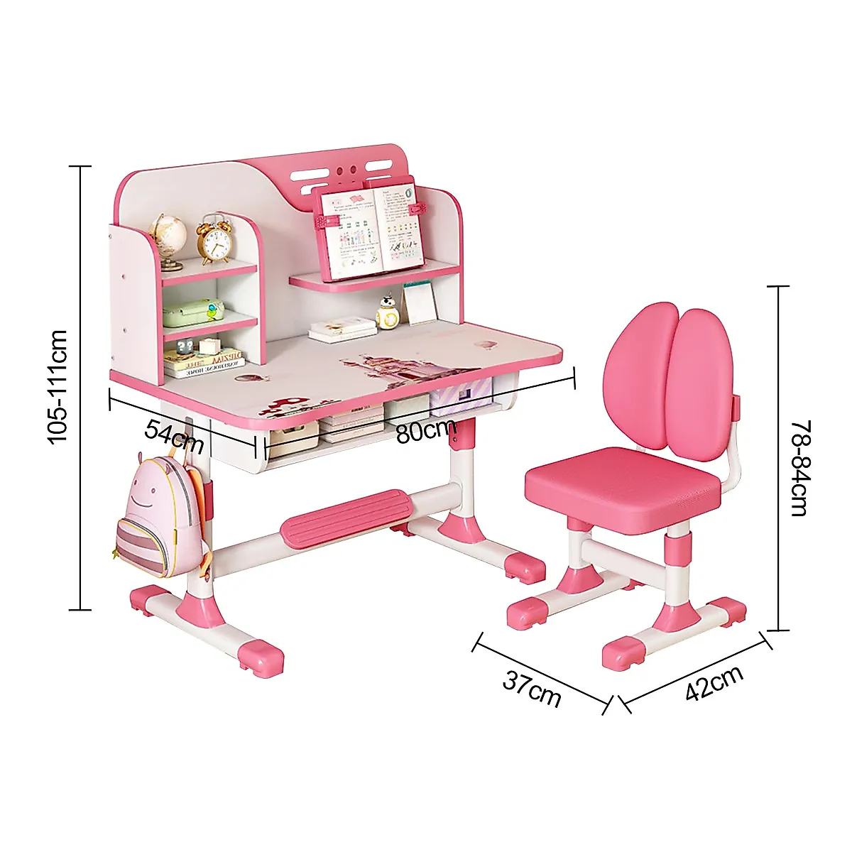 Kids Study Desk and Chair Set, Multi Functional Height Adjustable Children School Study Desk with Astronaut Pattern, Ergonomic Desk Chair with Large Writing Board, Bookshelf and Drawer (Pink)