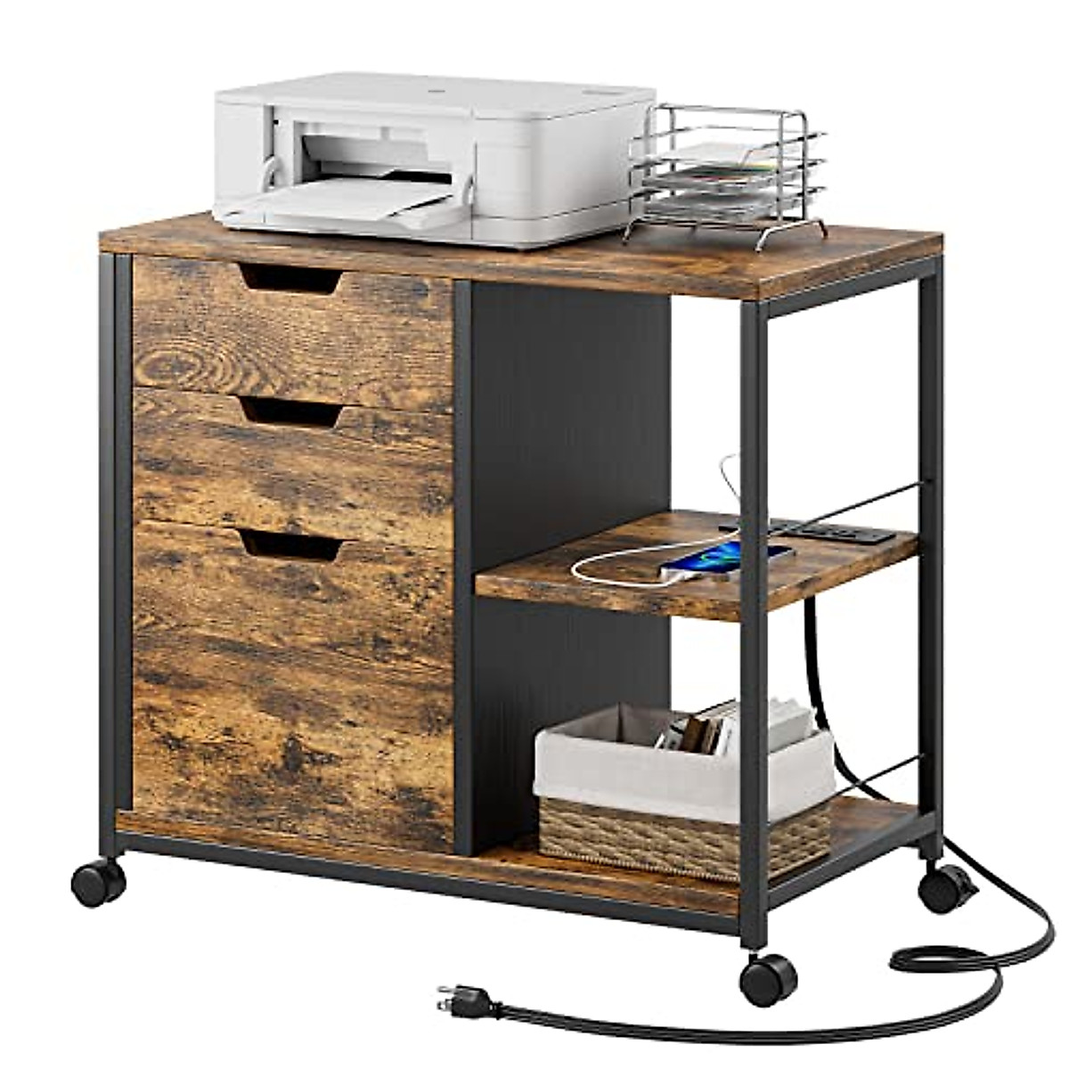 YaFiti Wood File Cabinet for Home Office, 3 Drawer Lateral Filing Cabinets for Printer Stand with Storage and Socket USB Charging Port fits A4 or Letter Size, Rustic Brown