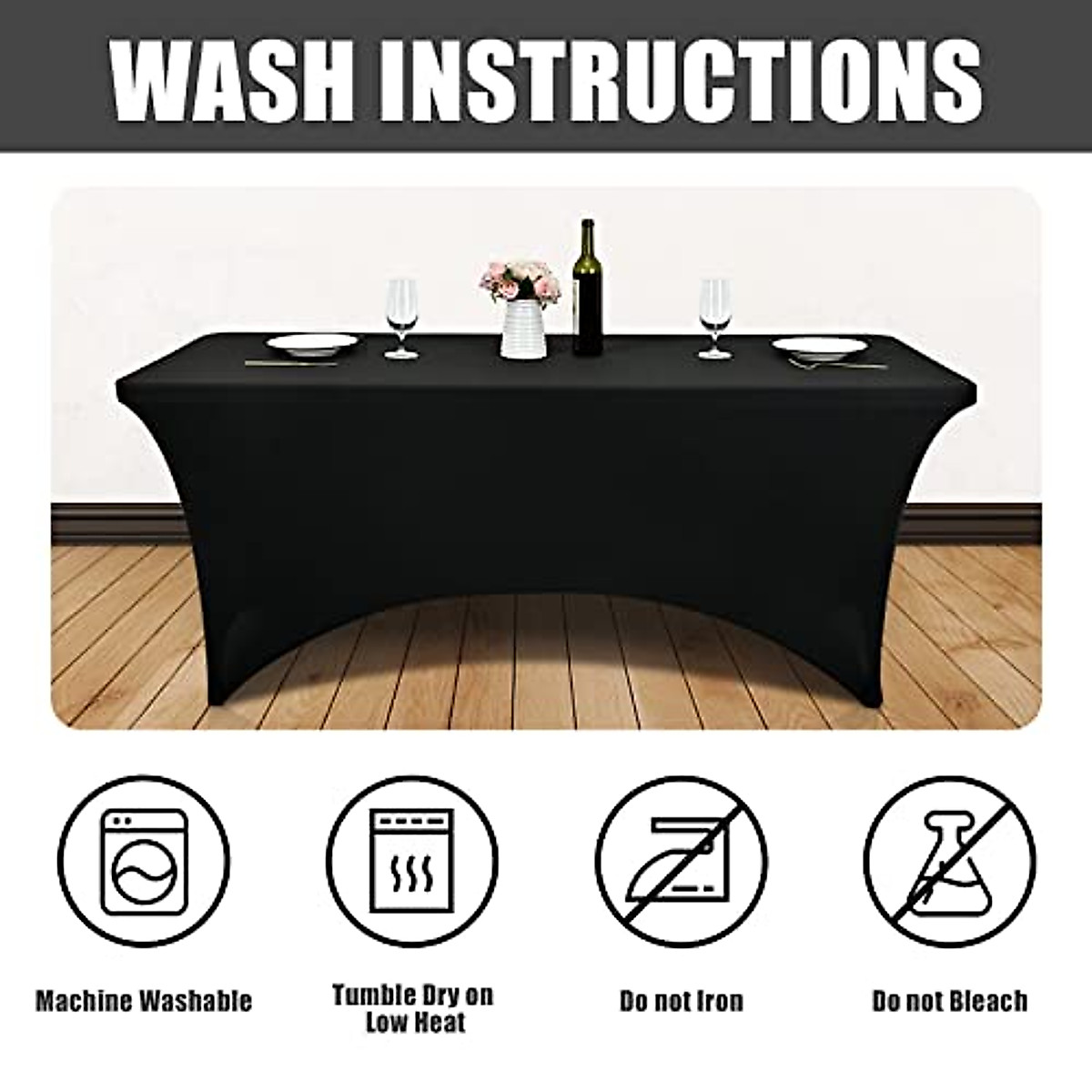 Yastouay 8ft Stretch Table Cloth Spandex Table Cover Tight Fitted for 8ft Rectangular Tables Black Washable Tablecloths for Party, Wedding, Banquet, Outdoor (Black, 8 Ft)