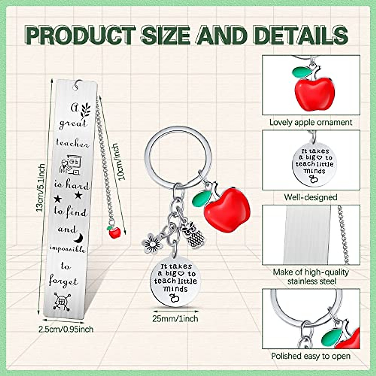 Hinly 12 Pcs Teacher Keychain and Bookmark Teacher Appreciation Gift Set for Women Men 6 Teacher Keychain and 6 Teacher Bookmark, End of Year Thank You Gifts for Teacher