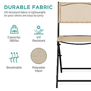 Best Choice Products 3-Piece Patio Bistro Dining Furniture Set w/Textured Glass Tabletop, 2 Folding Chairs, Steel Frame, Polyester Fabric - Beige