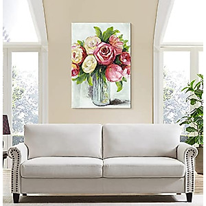 Yuegit Flower Pictures for Living Room Wall Decoration, Pink Floral Canvas Paintings Wall Art Green Plant Botanical Wall Art Framed for Bedroom Wall Decor Ready to Hang 24X36 Inch