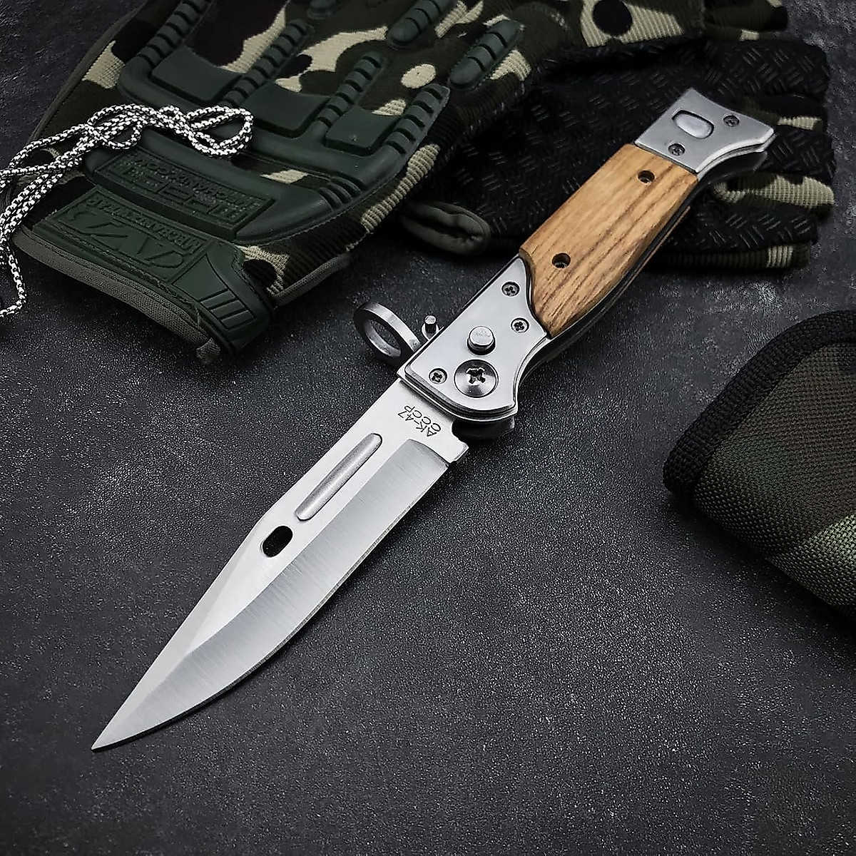 geegift 9" AK47 Slide Pocket Folding Knife, EDC Knife,Stainless Steel Blade Wooden Handle for Outdoor Camping Hunting Hiking (wooden handle, with ring)