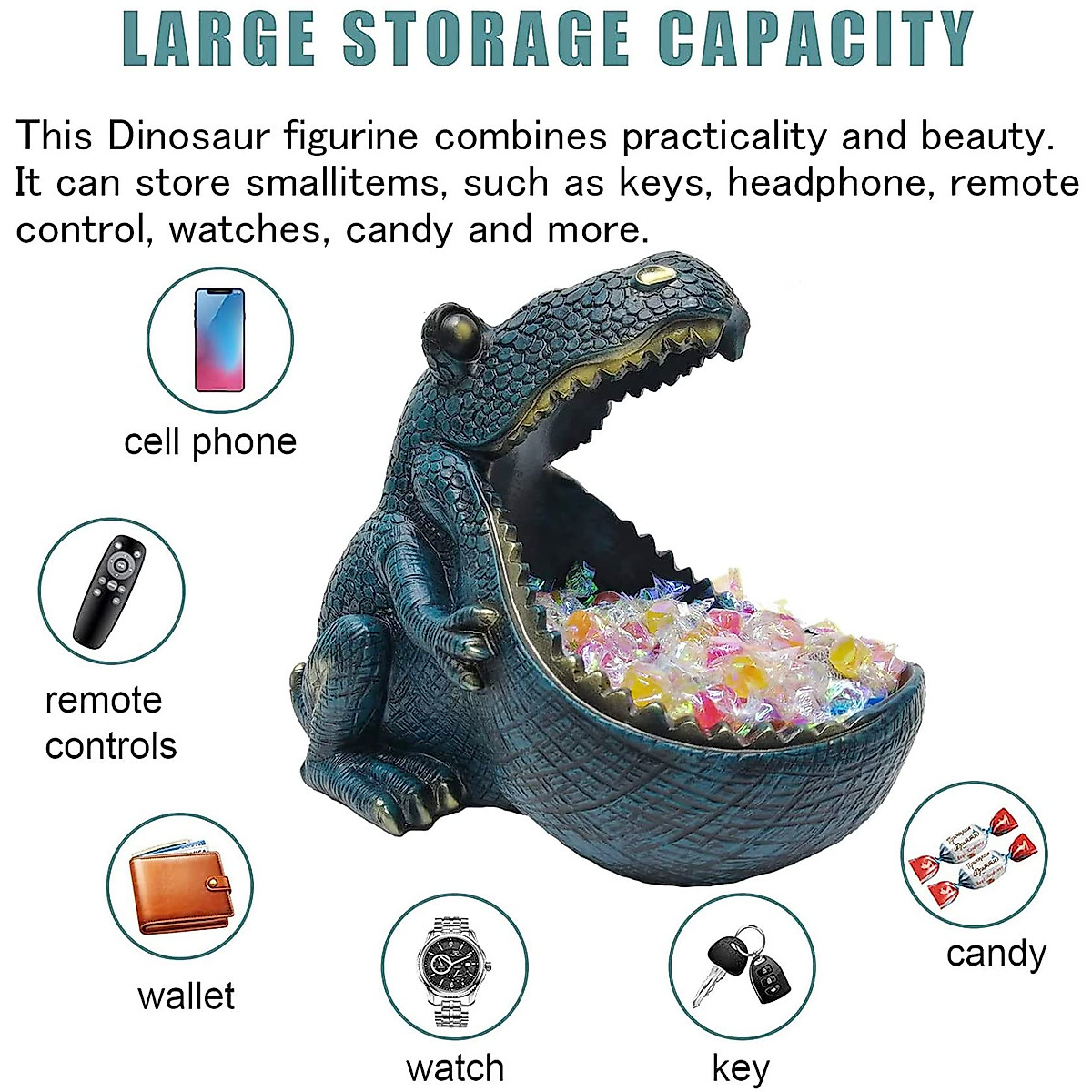 CUZOKOLA Dinosaur Statue Big Funny Unique Candy Bowl for Office Desk Animal Candy Dish for Office Desk Decor and Key Bowl for Entryway Table and Blue Playful Teal Candy Bowls Decorative Home Decor