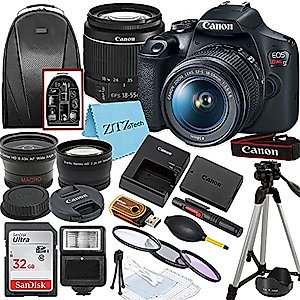 Canon EOS Rebel T7 Digital SLR Camera with EF-S 18-55mm Zoom Lens + SanDisk 32GB Memory Card + Tripod + Case + Wideangle Lenses + ZeeTech Accessory Bundle (20pc Bundle) (Renewed)