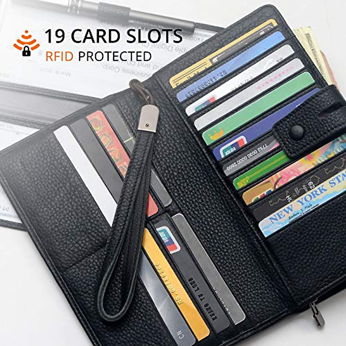 Bveyzi Women's Big Fat Rfid Leather Wristlet Wallet Organizer Large Phone Checkbook Holder with Zipper Pocket (Black)