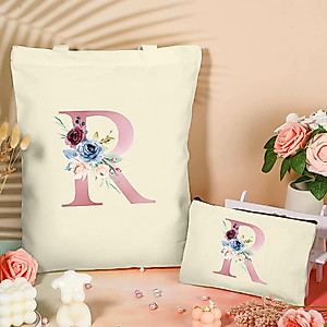 Binggemen Initial Canvas Tote Bag with Zipper Pockets,Personalized Totes for Women Bridesmaids Teacher,Cosmetic Makeup Bag,Monogrammed Gifts for Wedding Birthday (Letter R)