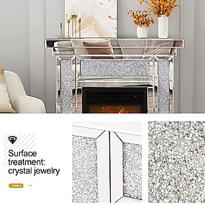 AUWHALEUS Mirrored Electric Fireplace with Remote Control and Mantel, Faux Diamonds Decor Freestanding Fireplace, Adjustable 3D Flame Effect Heater Firebox for Living Room, Silver