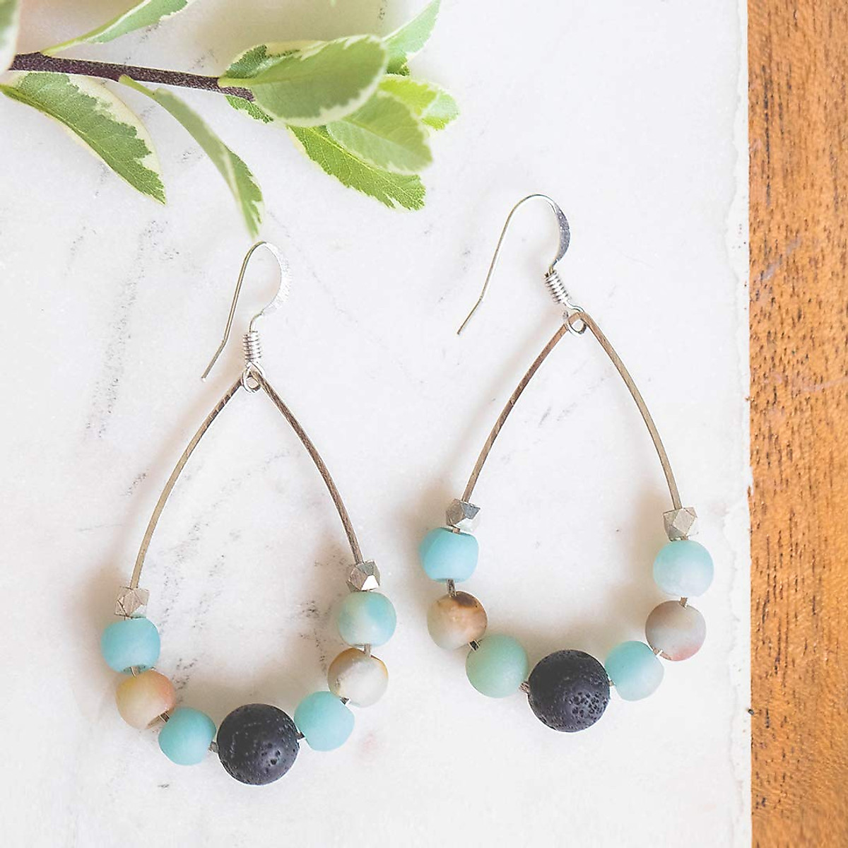 Subherban Essential Oil Earrings - MERMAID Aromatherapy Hoop Earrings with Lava Rock - Anti Stress & Anxiety Amazonite - Handmade Jewelry - Gifts for Women