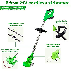 21V Cordless String Trimmer Grass Trimmer Garden Edger Tool for Lawn Trimming, Lawn Care, with 2 Li-ion Battery and Charger,Green