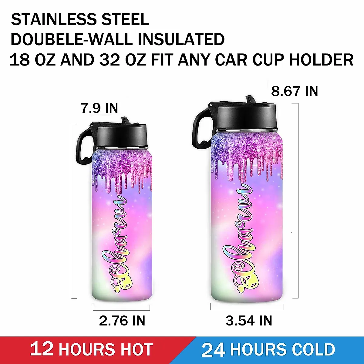 MyPupSocks Personalized Insulated Water Bottle Custom Kids Glitter Water Bottle with Name Water Bottle Custom Gift for Girl Back to School