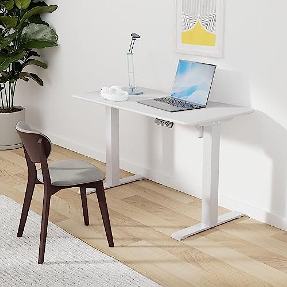 Vari Essential Height Adjustable Electric Standing Desk - Home Office With VariDesk Sturdy T-Legs - Quiet Motorized 48x24 Inch Small Desk - White - 1 Box