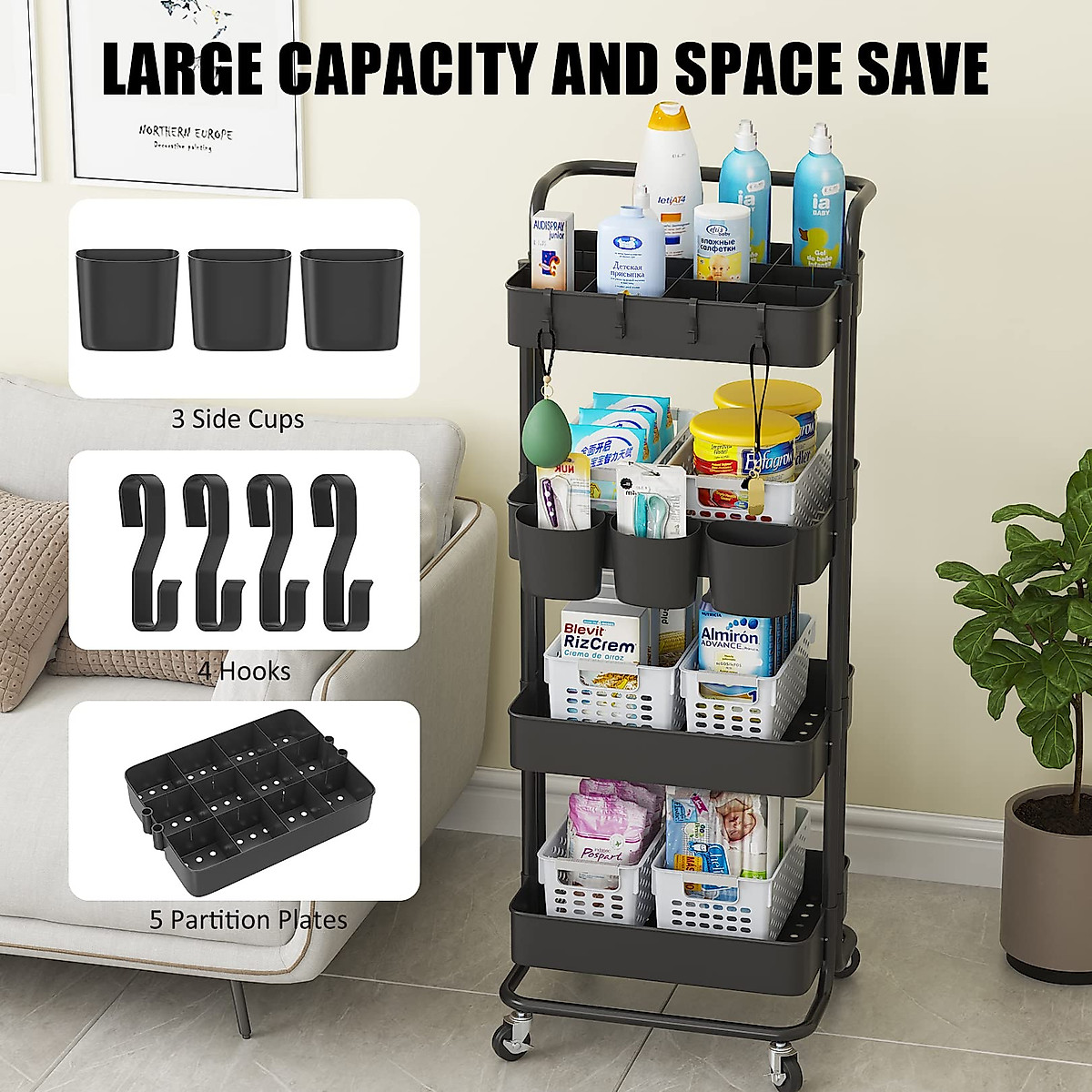 Devo 4 Tier Utility Rolling Cart, Heavy Duty Storage Cart, with Handle, 4 Side Hooks, 2 Storage Cups and Lockable Wheels, Organizer Cart for Bathroom Kitchen Office Classroom, Black