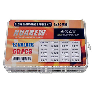 HUAREW 12 Values 60 Pcs 6x30 mm Slow Blow Glass Fuse 0.24x1.18 Inch 250 V Volt T 0.5 1 2 3 4 5 6 7 8 10 15 20 A amp Assortment Kit
