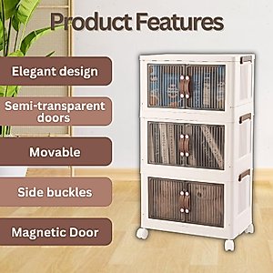 PROKTIK 30 QT 3 Tier Folding Storage Bins with Doors – Magnetic Door Foldable Storage Cabinet - Folding Storage Box with Leather Handles - Stackable and Collapsible Storage Container for Books, Pantry