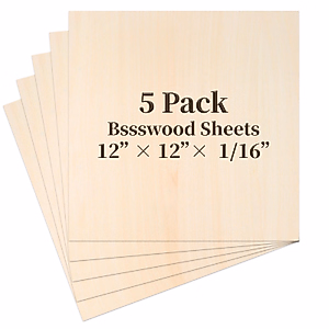 Balsa Wood Sheet, 5 Pack Plywood Sheets, Basswood Sheets 12 X 12 X 1/16 Inch, Unfinished Craft Wood, Thin Wood Boards for Laser Cutting, Engraving, Wood Burning, Crafts