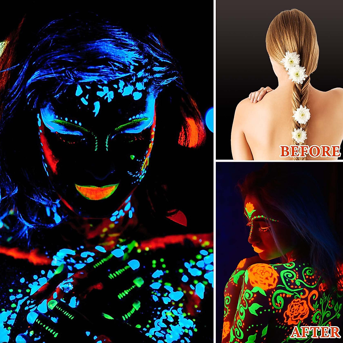 6 Pcs Glow in the Dark Face Body Paint,Blacklight Neon Face & Body Paints,Easily Cleanable Face & Body Paint Set Neon Body Makeup Glow in the Dark Party Supplies