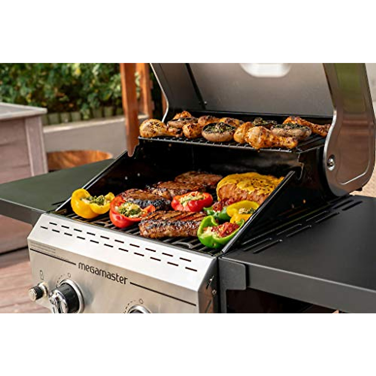 Megamaster 720-0864MA 2 Burner Propane Barbecue Gas Grill, for Camping, Outdoor Cooking, Patio, Garden Barbecue Grill, 28000 BTUs, with Foldable Side Table, Silver and Black