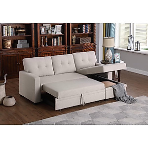 HomeStock City Chic L-Shaped Fabric Reversible, Easy Convertible Pull-Out Sleeper Sectional Sofa/Storage Chaise with Tufted Back Cushions and Track Arms-Beige