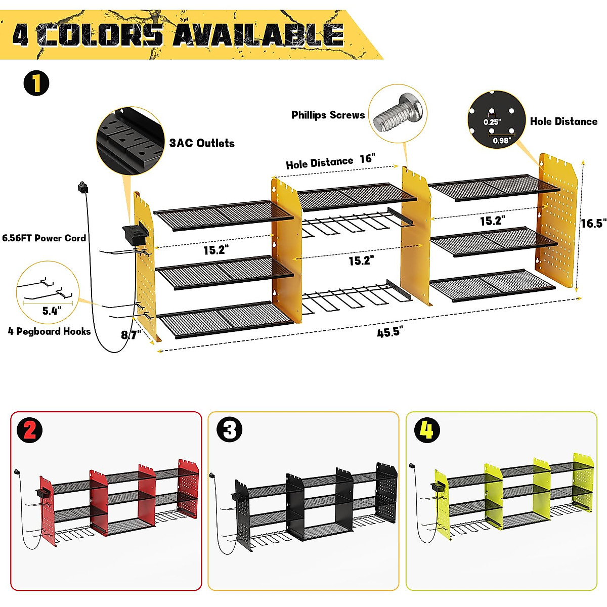 Power Tool Organizer, 45.5 Inch Cordless Drill Holder Wall Mounted, 3 Layers Tool Organizers with Outlet Power Strips , Garage Storage Rack for Toolbox/Impact Wrenches/Screwdriver/Plier/Hammer