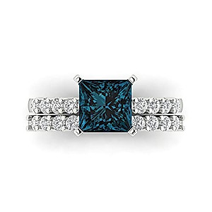 Clara Pucci 2.63ct Princess Cut Pave Solitaire with Accent Natural London Blue Topaz Statement Bridal Ring Band Set 14k White Gold 7.75