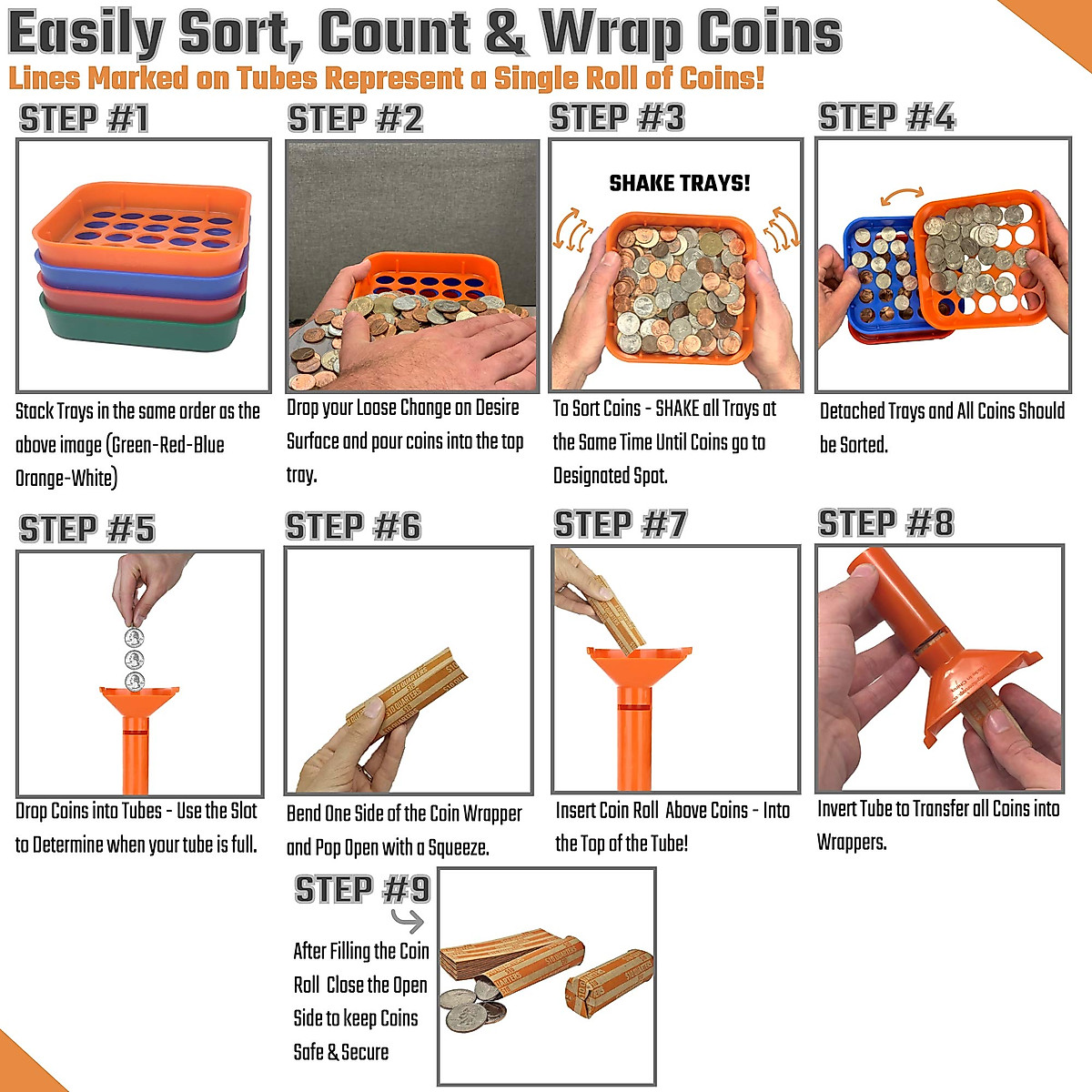 Coin Sorting & Counting Kit - 4 Color Coded Trays with Wrappers