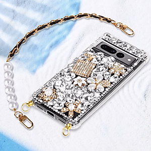 Leiju Case for Google Pixel 7 Pro with Strap Glitter Design,3D Handmade Sparkle Stunning Stones Crystal Diamond Bling Glitter Phone Case for Google Pixel 7 Pro
