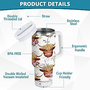 RPLIFE Cute Highland Cow Stainless Steel Coffee Tumbler, Insulated Cup with Straw, Tumbler for Men