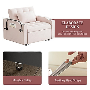 DAMAIFROM Convertible Sleeper Sofa Chair Bed with USB Port & Cup/Phone Holder, 3 in 1 Couch with Pollout Bed, Velvet Couch Chair Chaise Lounge for Living Room, Apartment, RV, Small Room - Pink